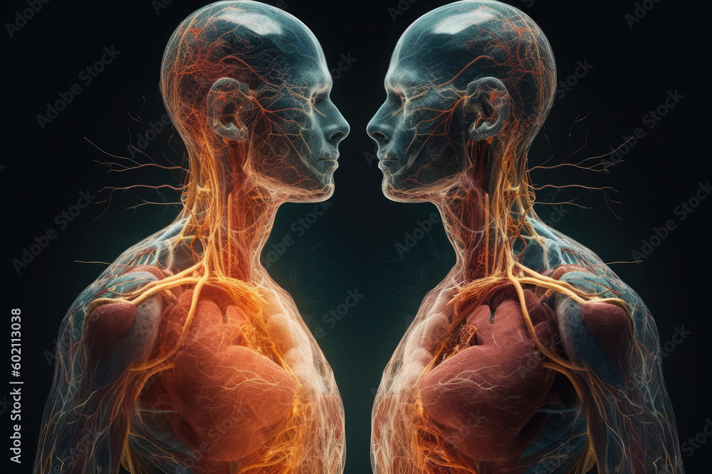 Two spiritual human bodies on dark background. Souls connection ...