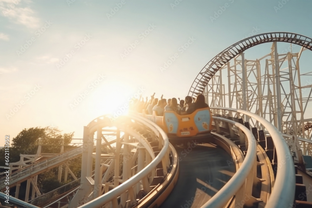 Roller coaster attraction in amusement park. Entertainment at summer ...