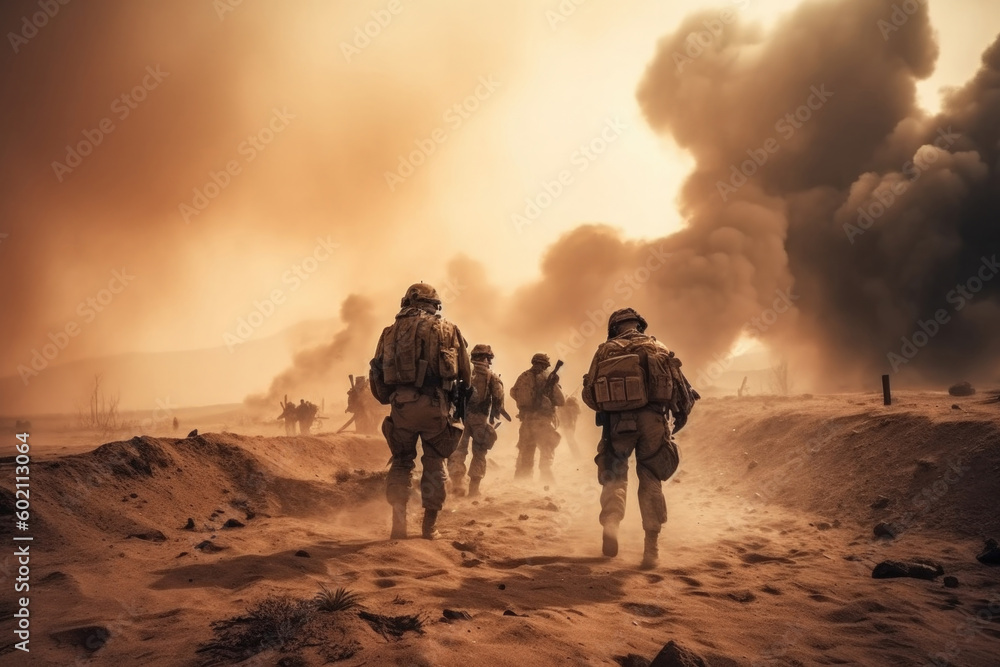 Army soldiers at war. Military forces at special operation. Battlefield ...