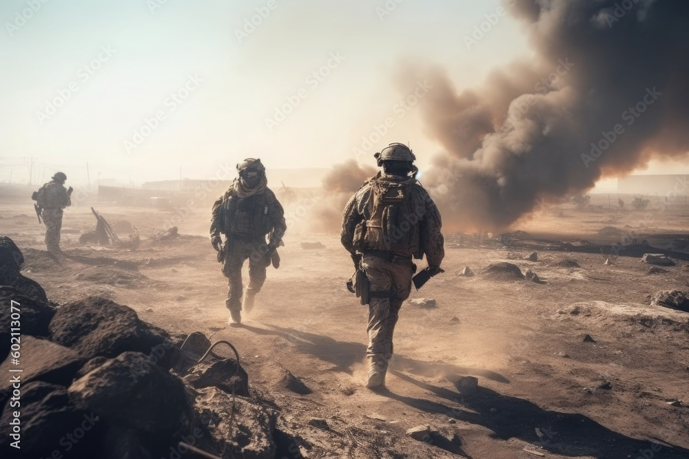 Army soldiers at war. Military forces at special operation. Battlefield ...