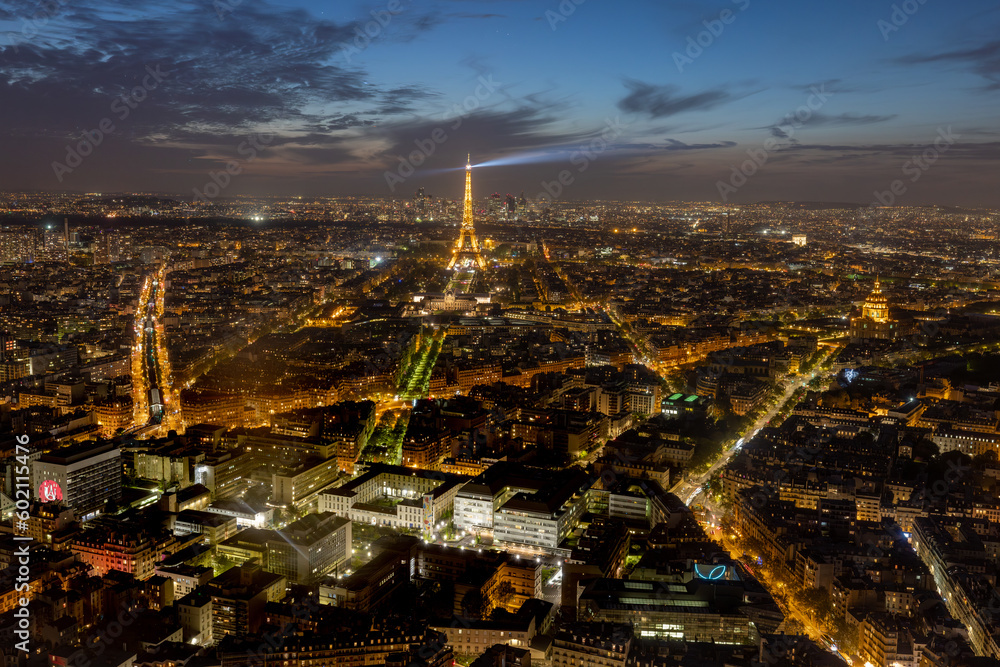 Paris aerial view at night. Panoramic aerial view of Paris city centre including famous ...