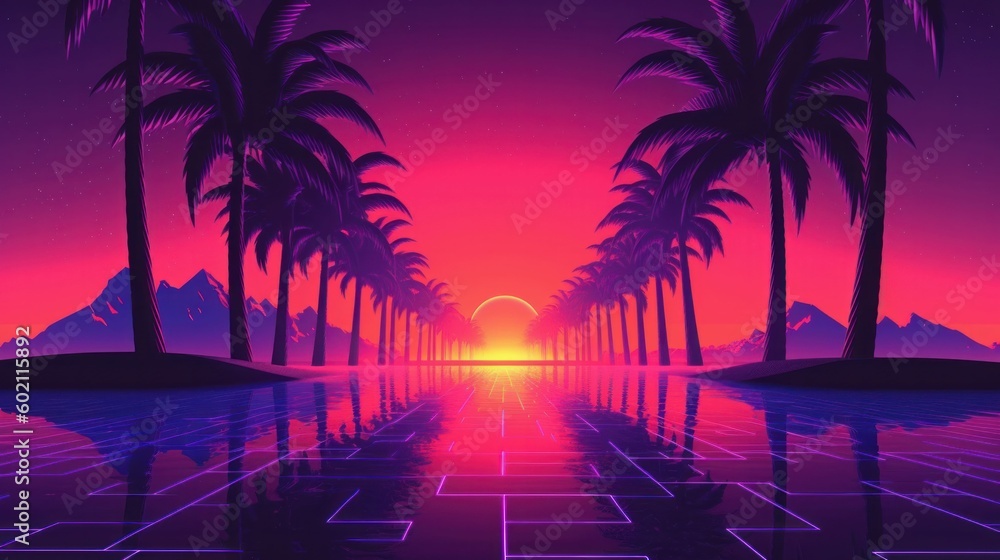 Retrowave sunset with palm trees wallpaper background. 90s era ...