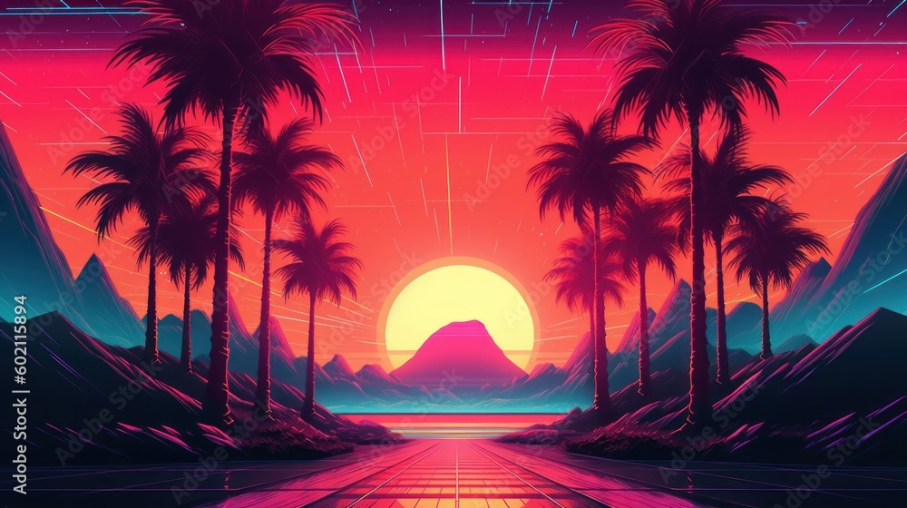 Retrowave sunset with palm trees wallpaper background. 90s era ...