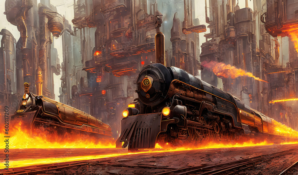Retro locomotive fantastic design train in steampunk style, high speed ...