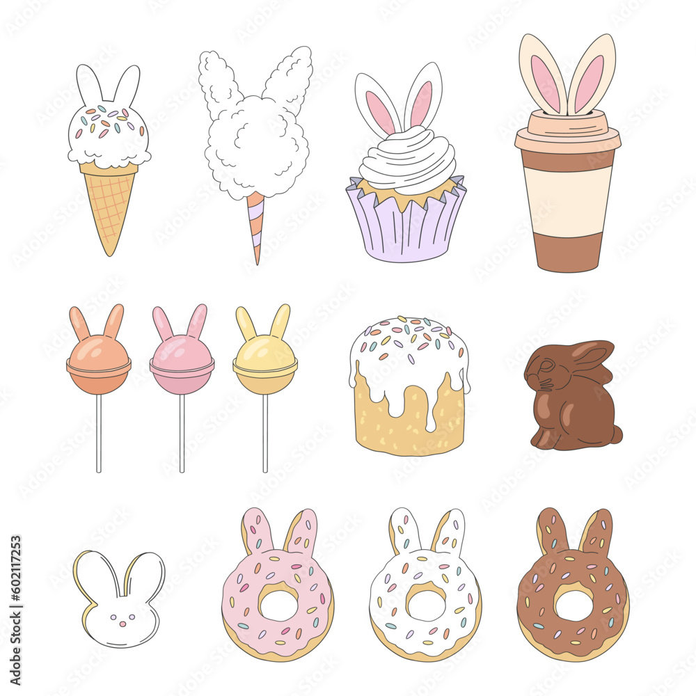 Easter sweets with bunny ears. Bakery, lollipop, donut, sweet cotton ...