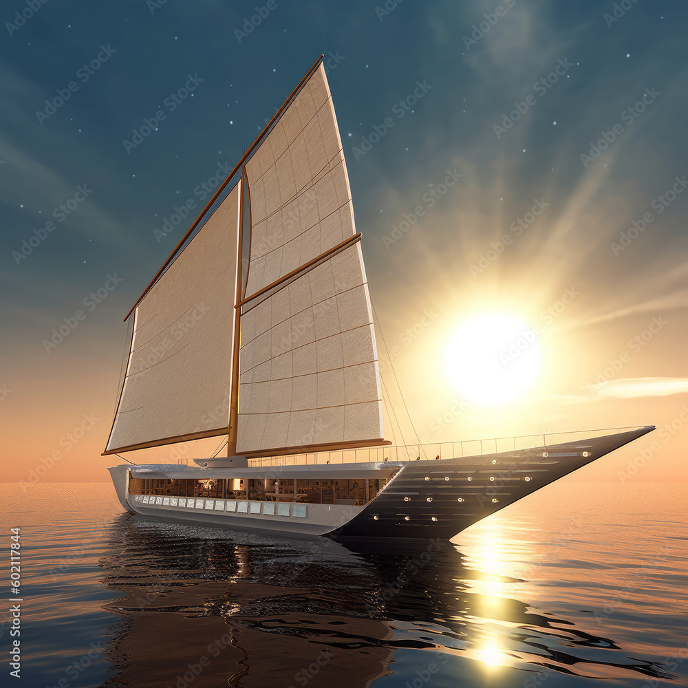 A classic sailing ship equipped with advanced solar sails that harvest ...