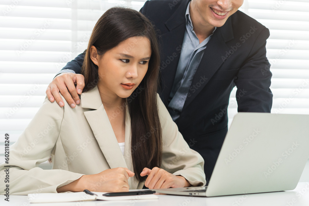 Disgusted asian young employee, pressure business woman uncomfortable ...