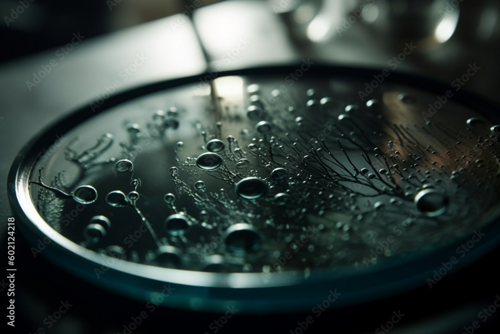 A picture of bacteria on the surface of a glass lens, illustrating the ...