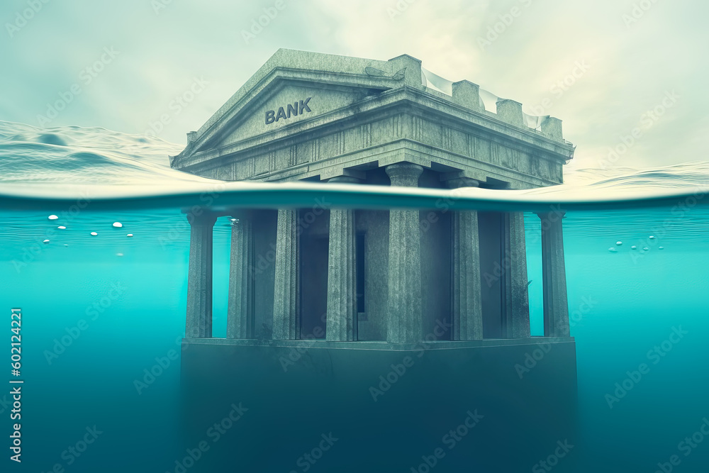 Banking Default and Bank Crisis. Banks drowning in debt with financial ...