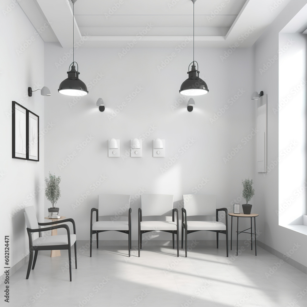 Empty white wall in modern public space. Waiting room interior with ...