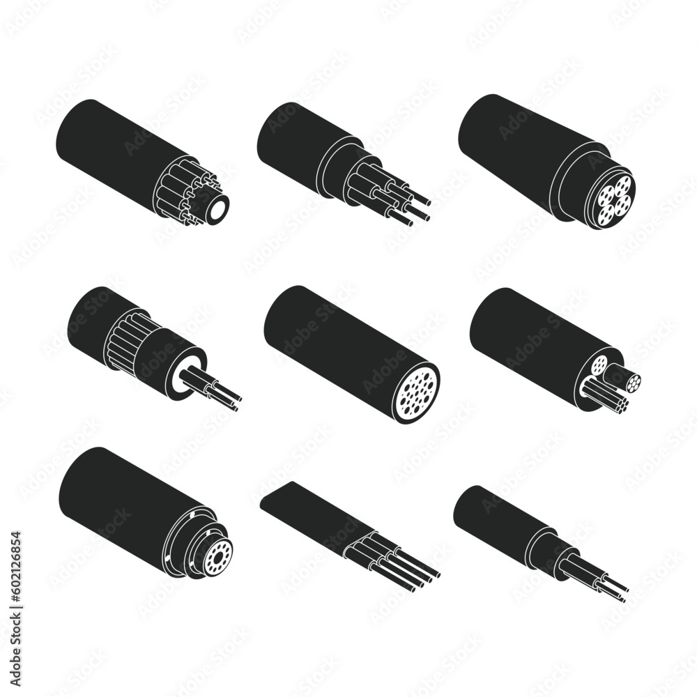 Fiber cable vector black set icon. Isolated black set icon fibre wire ...