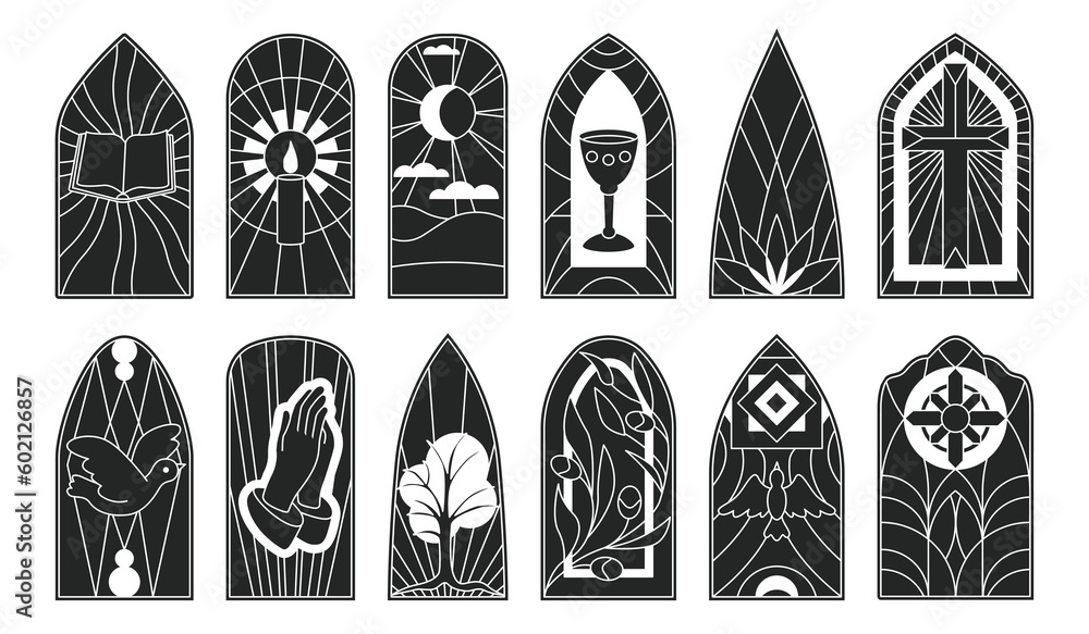 Stained glass vector black icon set . Collection vector illustration ...