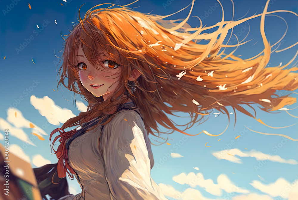 Cute long haired anime girl enjoying breeze, beautiful red haired anime ...