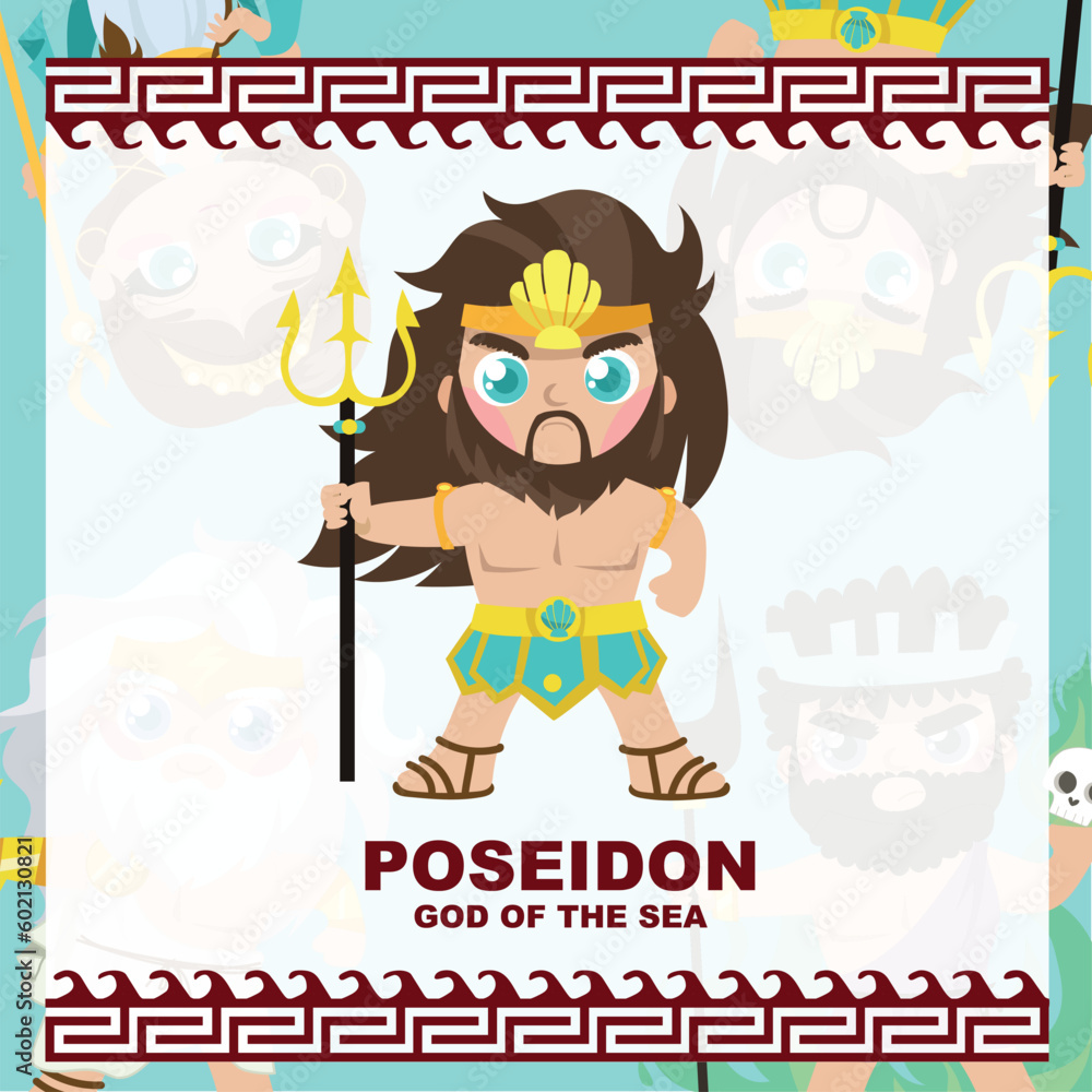 Cute illustration of Poseidon God of the sea. Greek God and Goddess ...