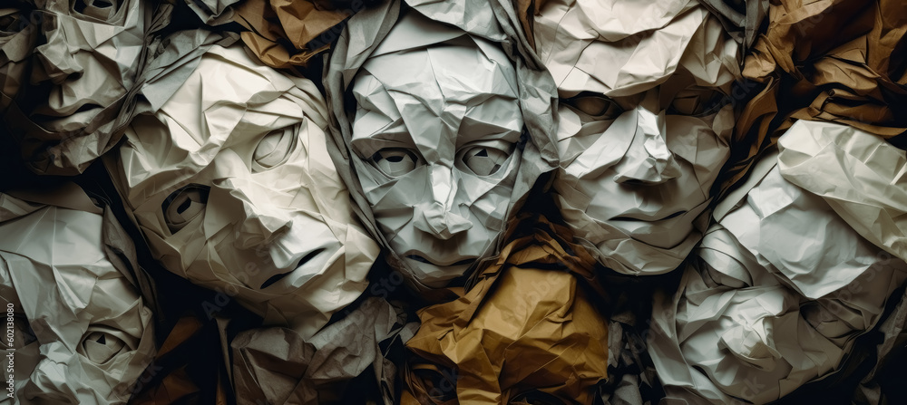 Faces made of crumpled up paper, in the style of earth tone color ...