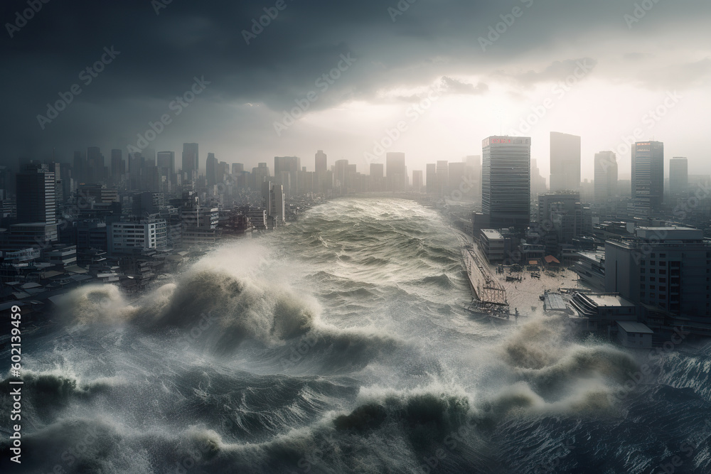 Huge tsunami destroying a city. The great tsunami disaster. Tsunami ...