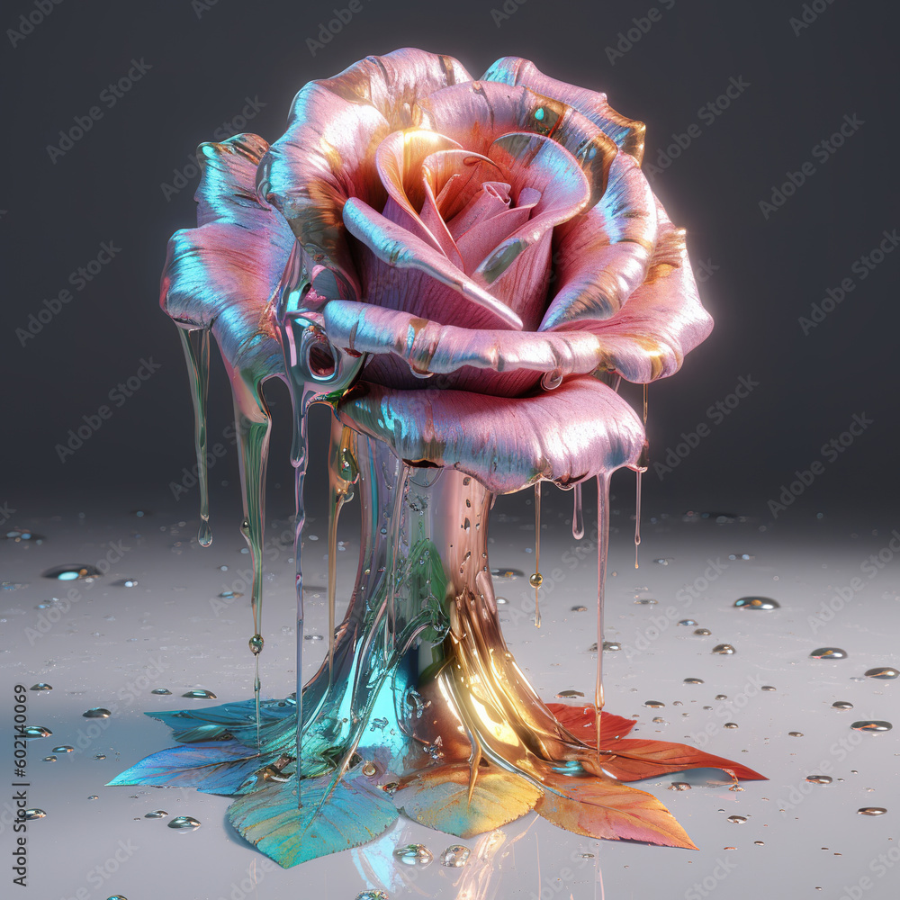 Abstract paint splash liquid rose with pastel colors. Gold flower paper ...