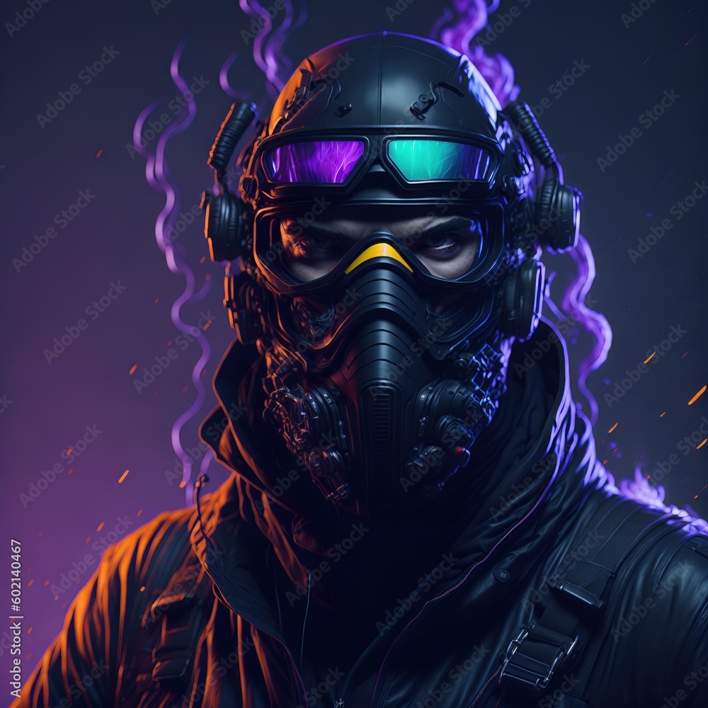 portrait of a single Masked Gaming character with super modern Weapon ...