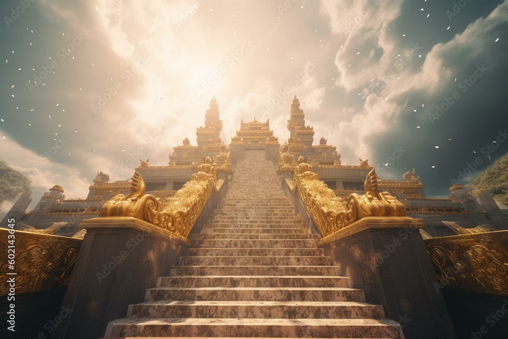 Ascend to glorious heavenly kingdom via golden staircases, through ...