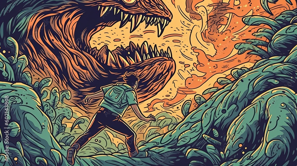 Portrait of a person being chased by a terrifying creature in a ...