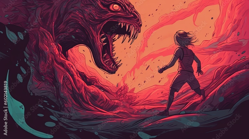 Portrait of a person being chased by a terrifying creature in a ...