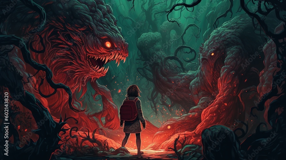 Portrait of a person being chased by a terrifying creature in a ...