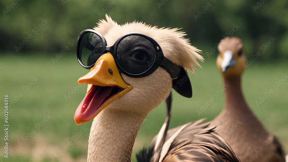 funny crazy smiling duck wearing black sunglasses posing in frot of ...