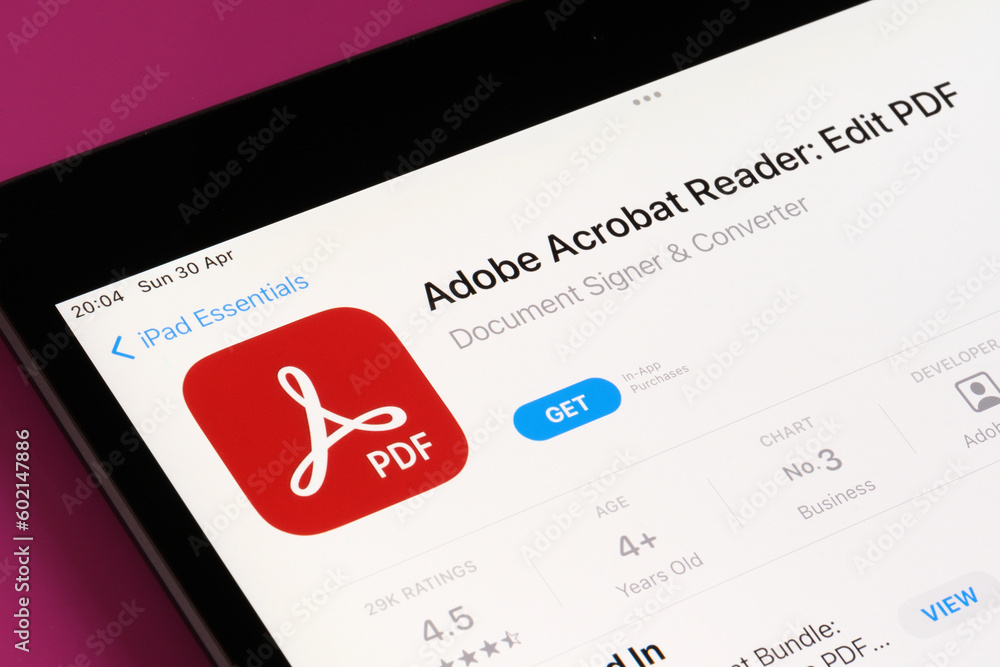 adobe acrobat app seen in App Store on the screen of ipad. Selective ...