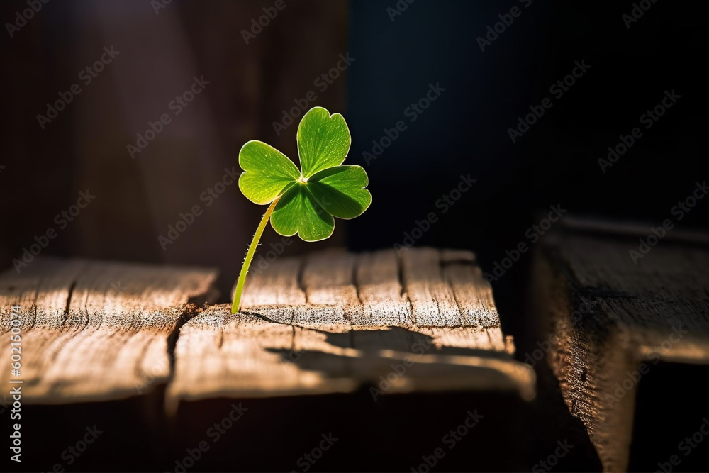 Four leafed clover growing from crack of wood, four leaved clover Stock ...