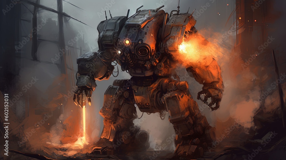 Steam-powered mech with a flamethrower. Fantasy concept , Illustration ...