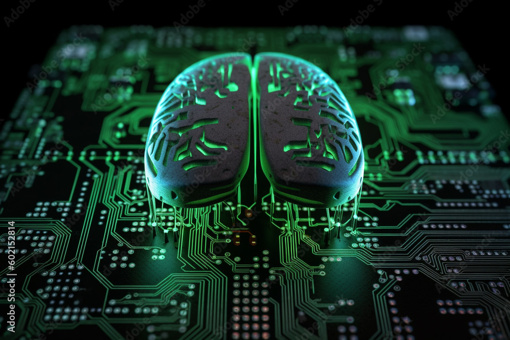 AI diagram computer circuit board with a big 3d brain on top AI model ...