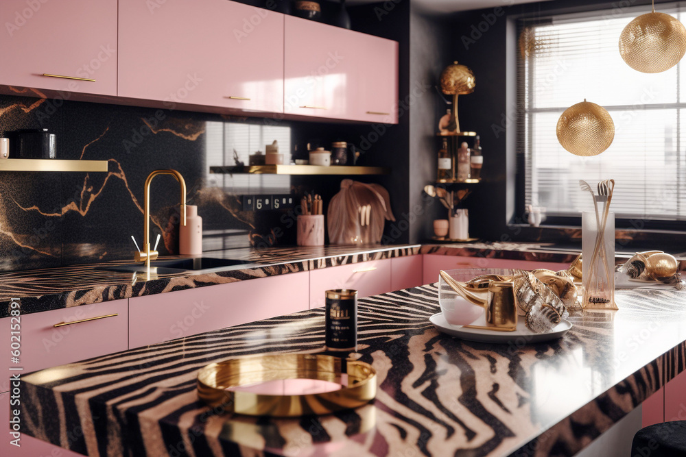 Modern glamour kitchen. Luxury interior design with pink, golden, black ...