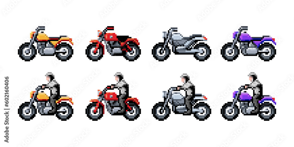 pixel art motorcycle set, biker on motorcycle, 8 bit pixel retro game ...