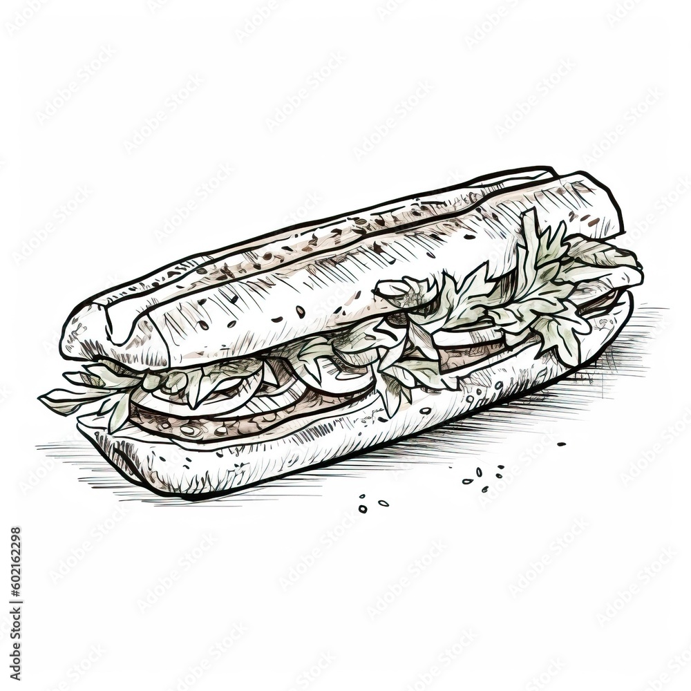 A hand-drawn black and white sketch of an open-faced Vietnamese Banh Mi ...
