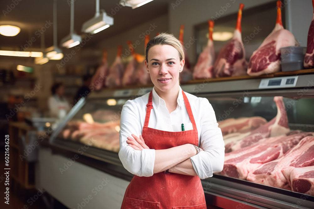 Young woman standing in front of shelves with raw meat. Female butcher ...