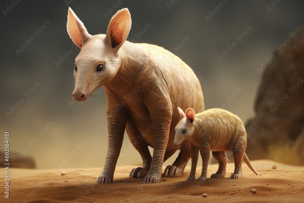 Photorealistic aardvark with young, burrowing, nocturnal mammal in ...