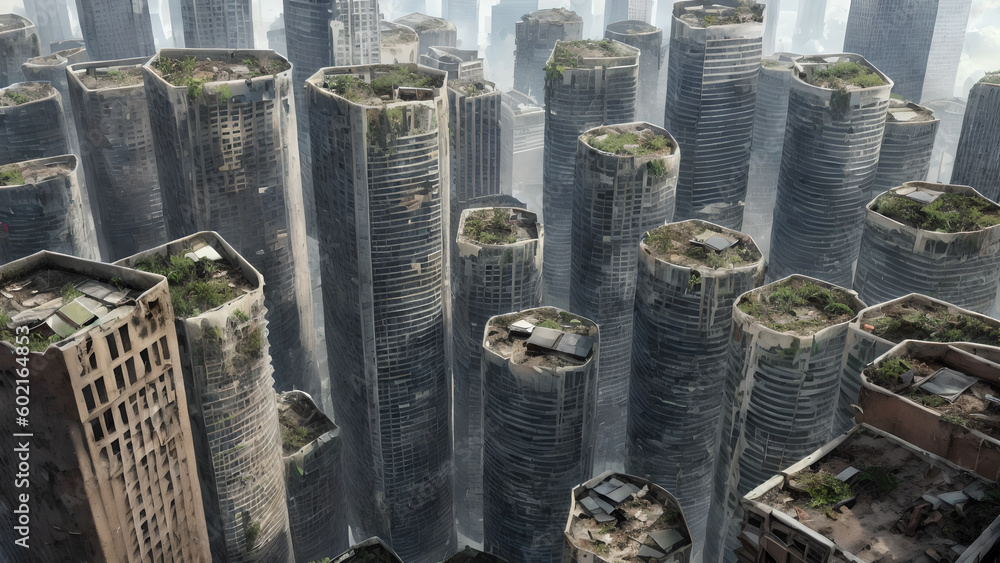 Abandoned high-rise buildings, skyscrapers, top view, dilapidated ...