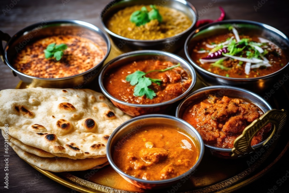 Indian ethnic food buffet on white concrete table from above: curry ...