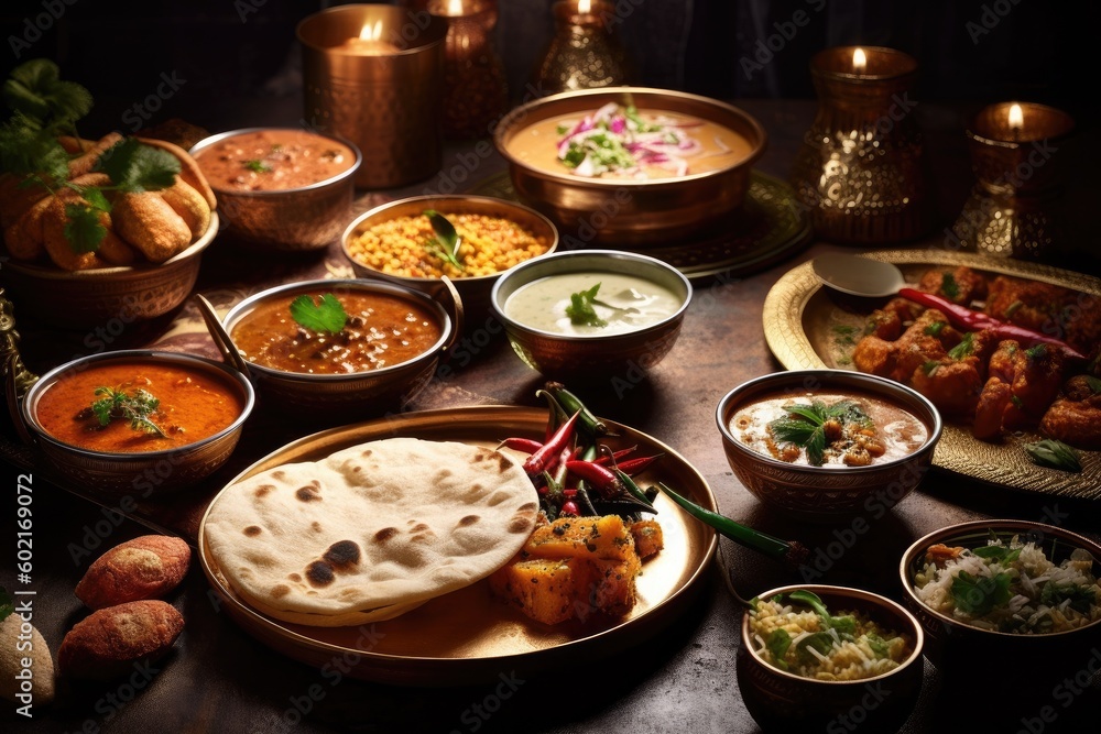 Indian ethnic food buffet on white concrete table from above: curry ...