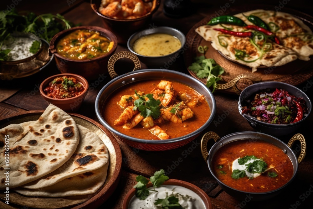 Indian ethnic food buffet on white concrete table from above: curry ...