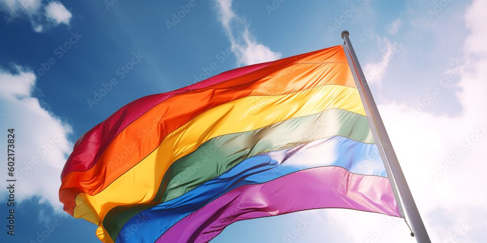 LGTB flag waving on blue sky, LGTBQ community rainbow progress flag ...