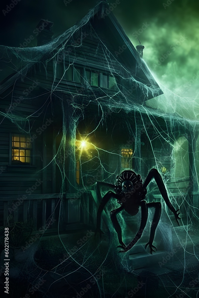 giant spider standing on the front stairs to a haunted house covered in ...