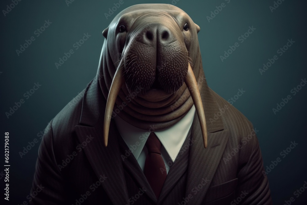 Anthropomorphic walrus dressed in a suit like a businessman. Business Concept. AI generated ...