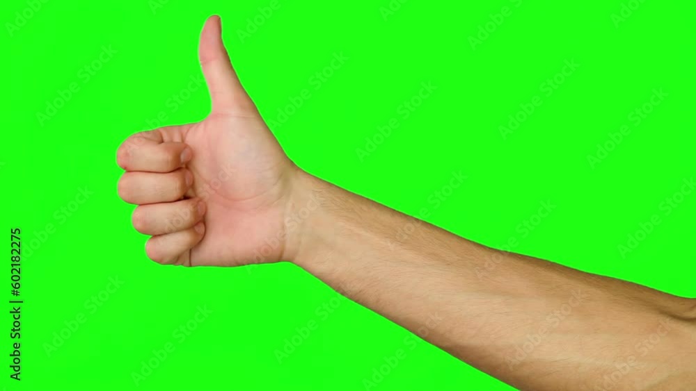 Green screen, thumbs up and chroma key with hands of man for approval ...