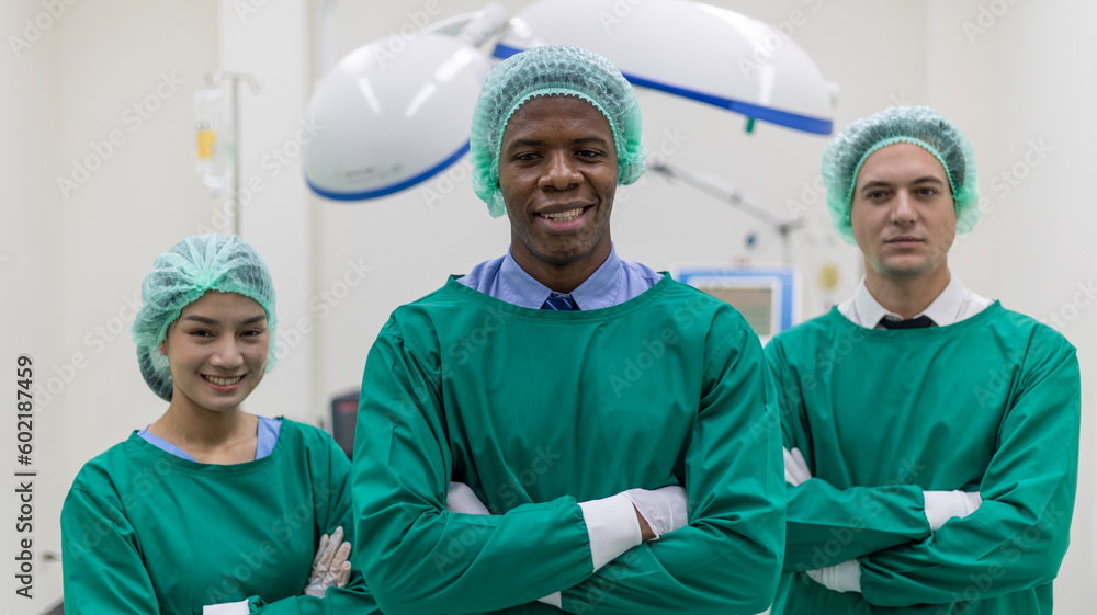 Team of medical doctors or surgeons from different nationalities stand ...
