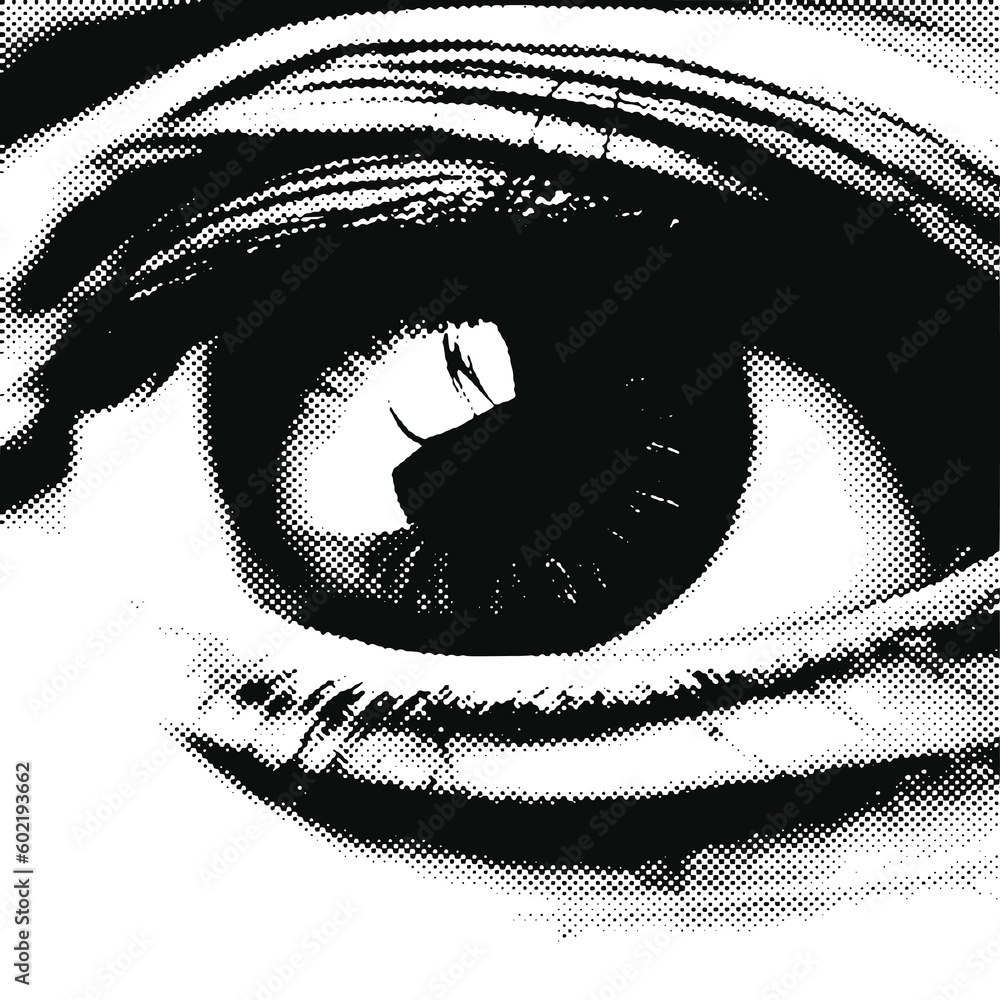 Black and white drawing of the eye, halftone dots background, fading ...