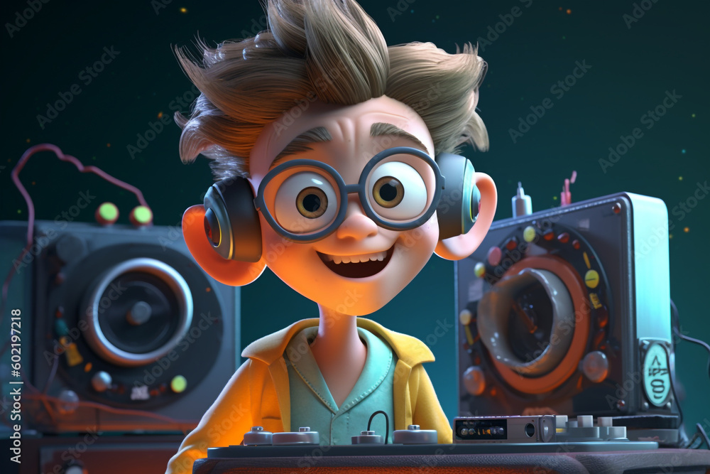 Cartoon Cool kid DJ with turntables and a boombox, Generative AI Stock ...