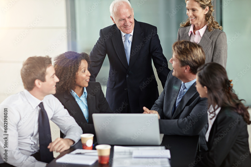 Corporate, ceo with funny joke in business meeting and in office ...