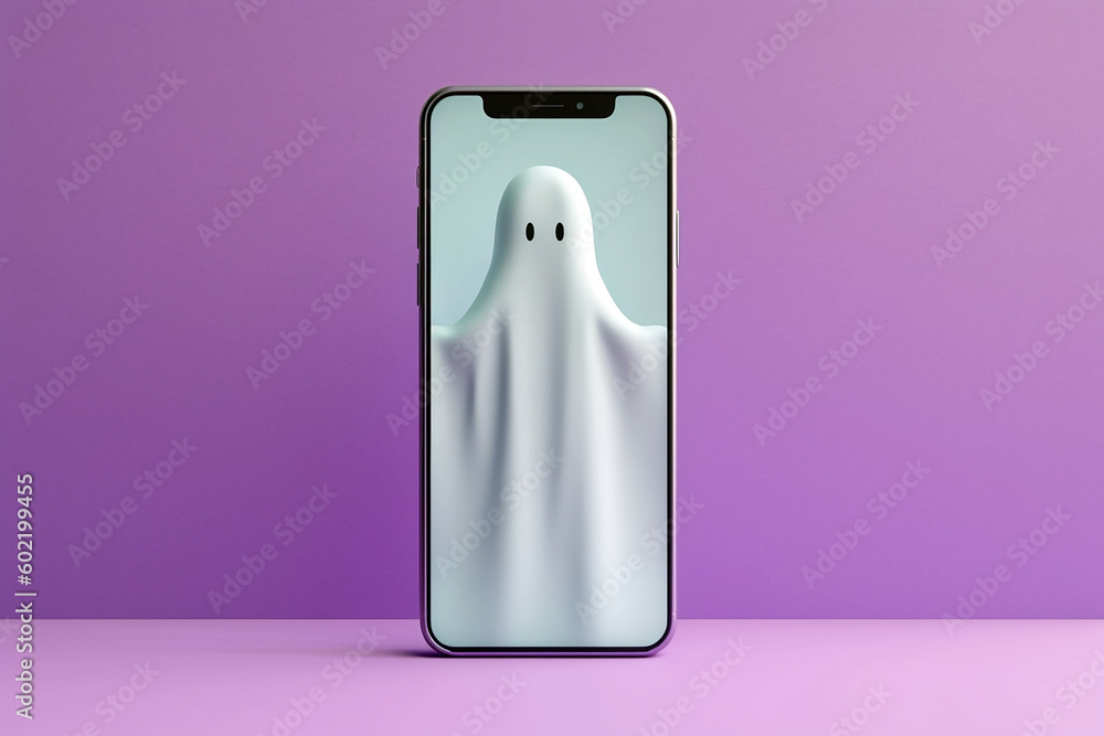 White ghost coming from smartphone. Phishing attack, unwanted ...