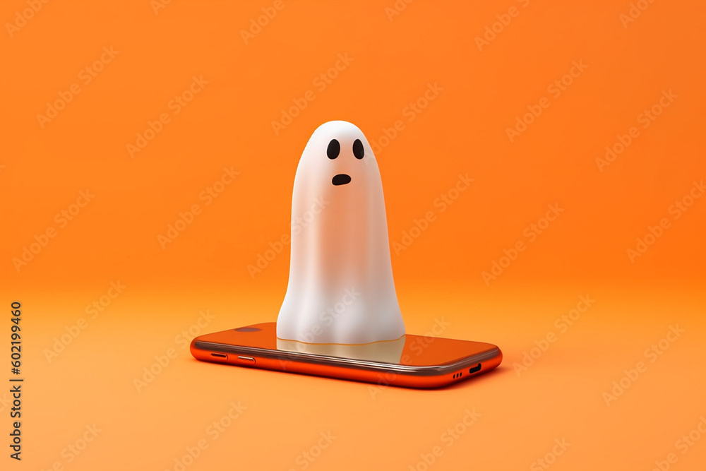 White ghost coming from smartphone. Phishing attack, unwanted ...